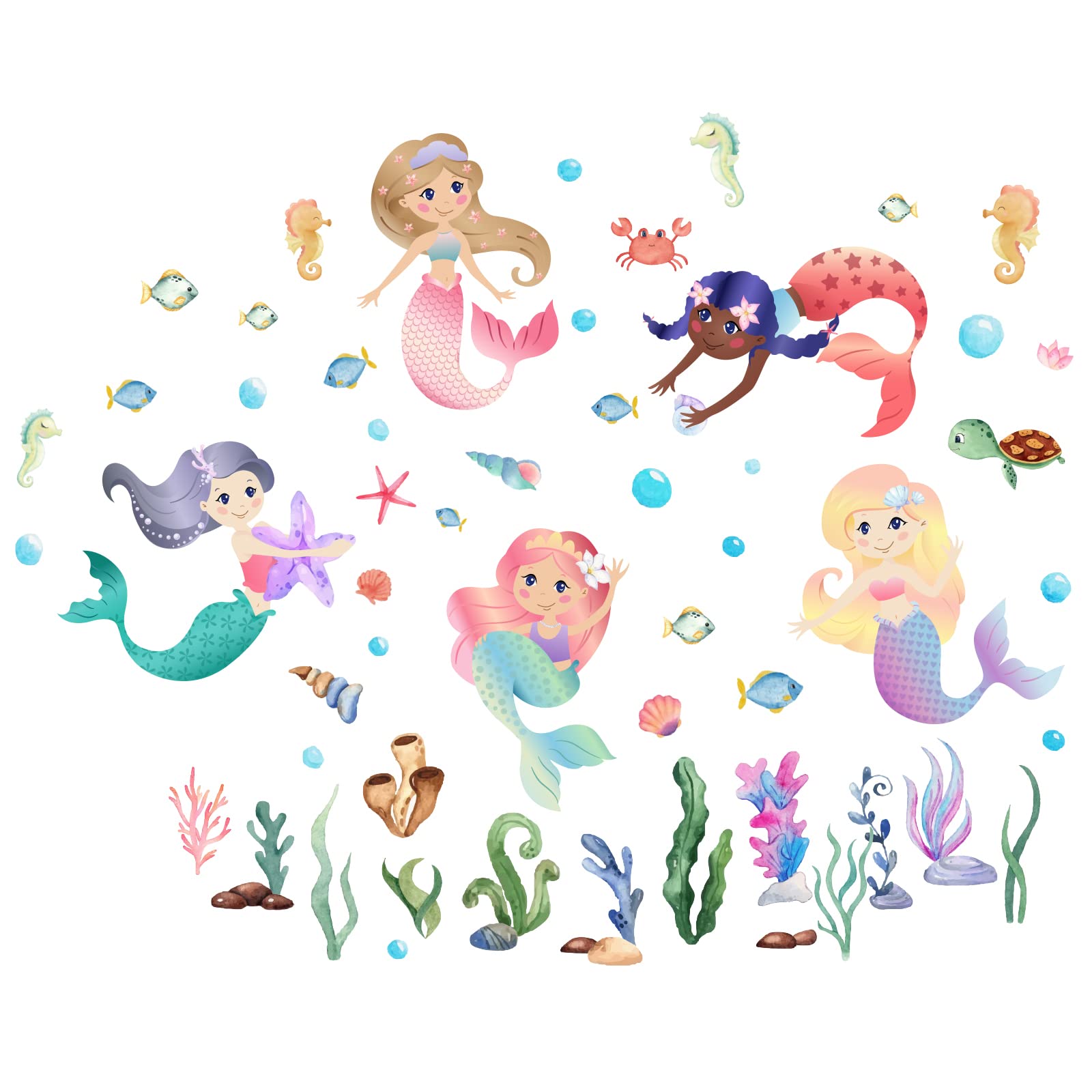 PLIGREAT 2 Sheets Mermaid Wall Stickers, Ocean Creature Decor, Bathroom Mermaid Decals for Girls Bedroom Baby Nursery Kid Room Bathroom Decor Gift
