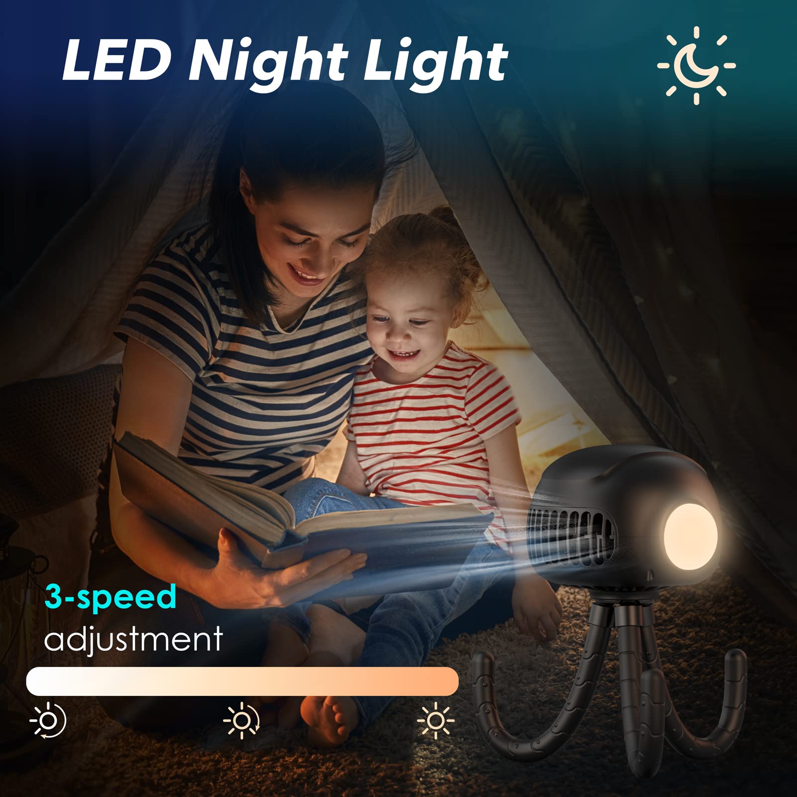 Inverter Table Fans With LED Lights|USB Fans Rechargeable 4000mAh Portable Robot Flexible Tripod Clip |4 Speeds 360°Adjustment, for Baby Stroller, Bedside, Desktop|Where You Can Stand and Hang (Black)