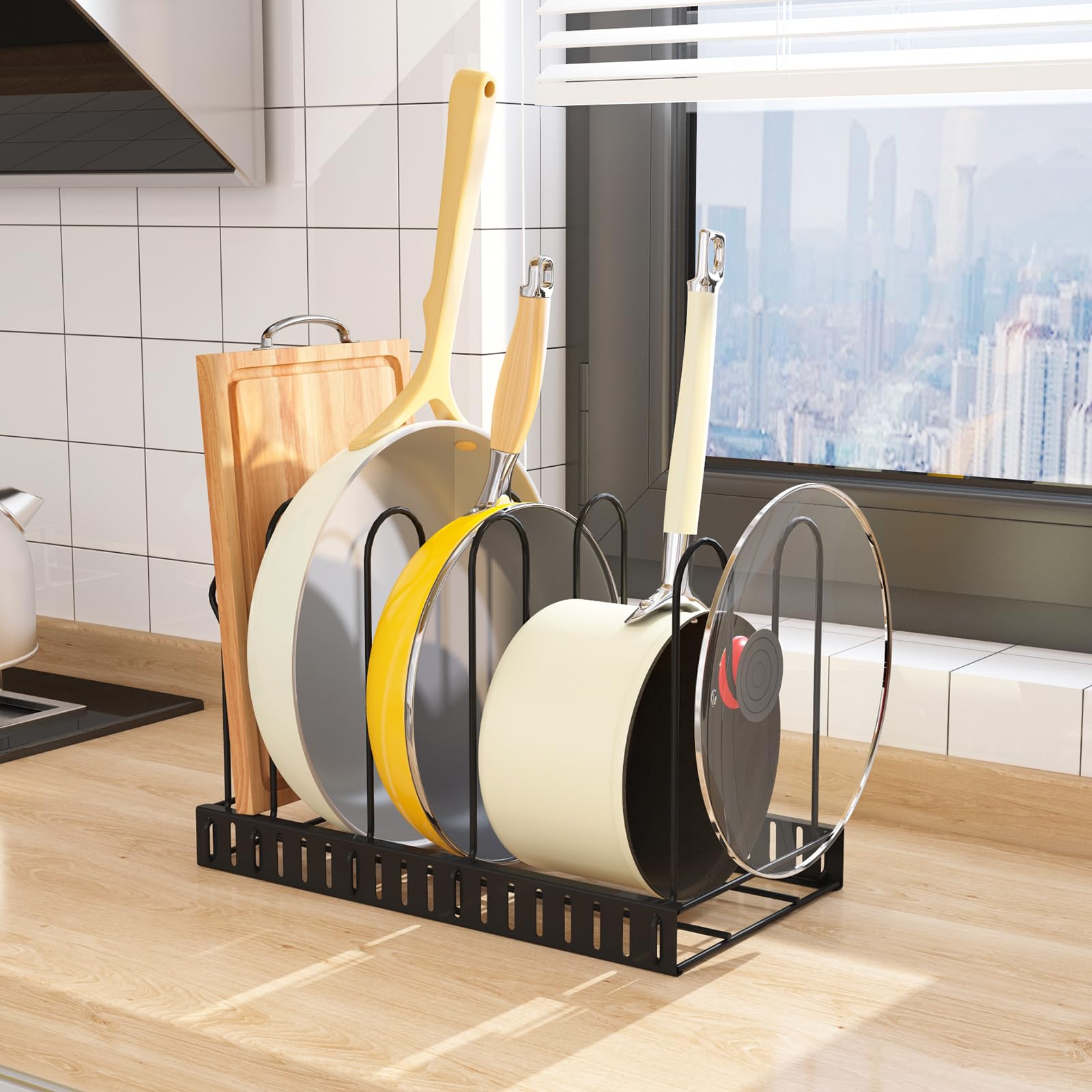 bukfen Pot and Pan Organizer for Cabinet, pot organizer rack for under cabinet, One Side Pot Racks, 5 Tiers, Black