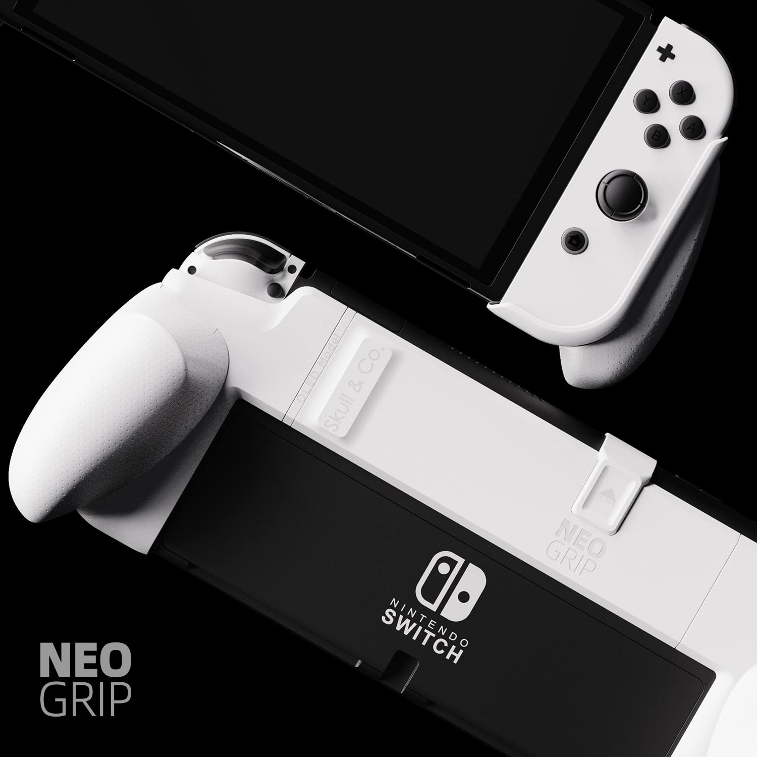 Skull & Co. NeoGrip Bundle: An Ergonomic Grip Hard Shell with Replaceable Grips [to fit All Hands Sizes] for Nintendo Switch OLED and Regular Model [with Carrying Case] - Neon Blue(L)+Neon Red(R)