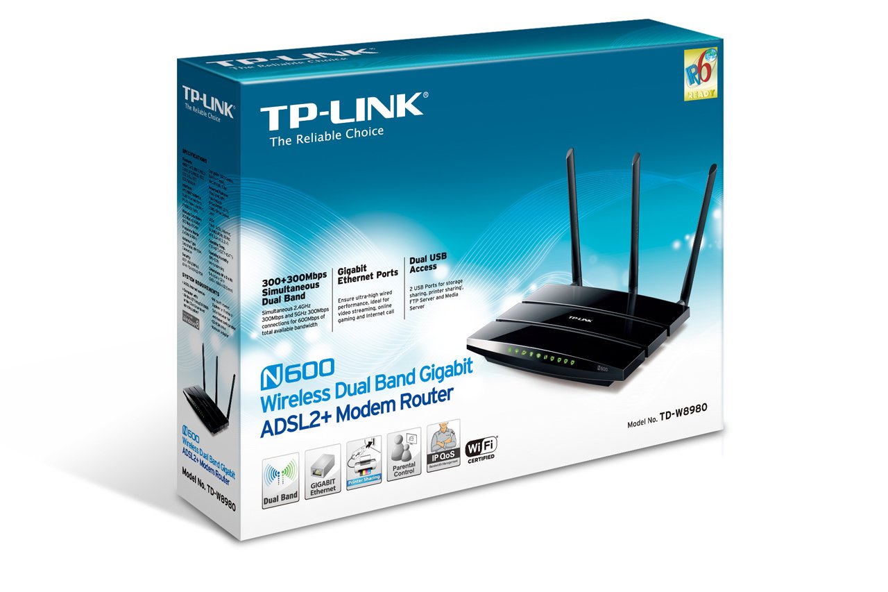 TP-Link TD-W8980 N600 Wireless Dual Band Gigabit ADSL2+ (Non-Cable) Modem Router, 2.4GHz 300Mbps+5Ghz 300Mbps, 2 USB Ports for File Sharing, IPv6 Compatible
