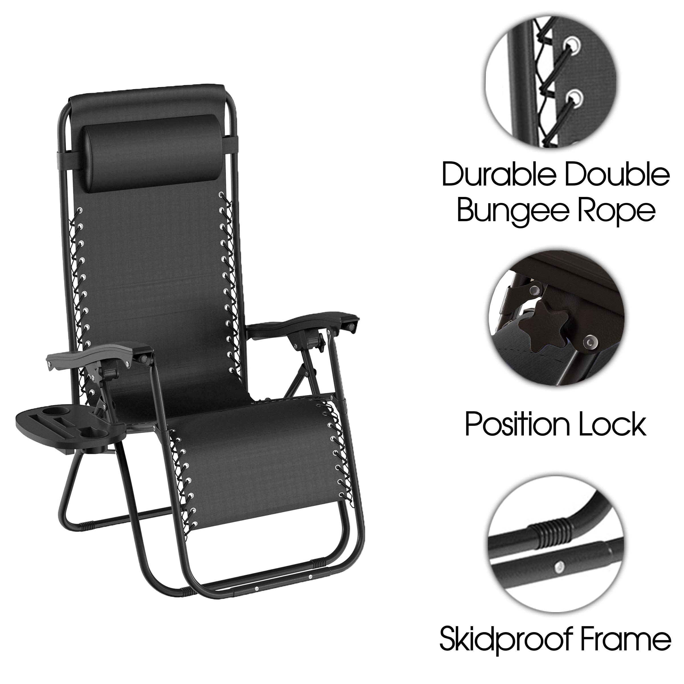 Lavish Home Set of 2 Zero-Gravity Chairs - Folding Patio Furniture - Outdoor Recliners with Side Table, Cup/Phone Holder, and Chair Pillow (Black)