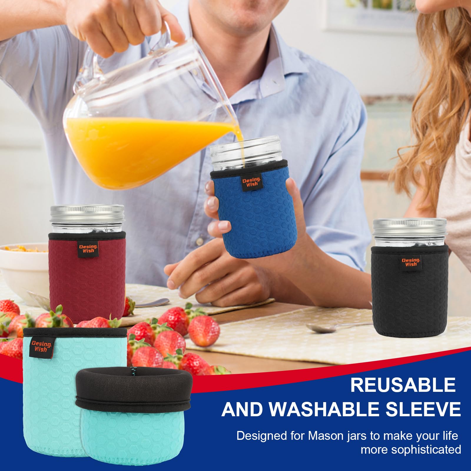 Desing Wish 64 oz Wide Mouth Mason Jar Neoprene Sleeve, 64oz Non-slip Cozy Insulated Glass Jars Protector Holder Sleeves 4.3 x 7.5 Inches - 4 Pack (Black/Red/Blue/Cyan)