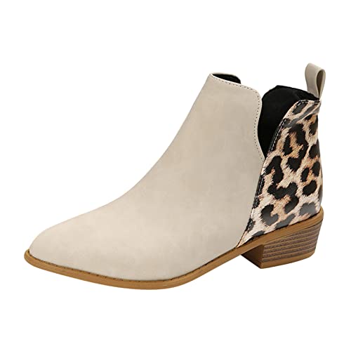 Cowgirl Boot Vintage Leopard Print Patchwork Leather Pointed Side Zipper Chunky Heel Ankle Womens Leather Cowboy Boots Platform Heel Pointed Toe Outdoor