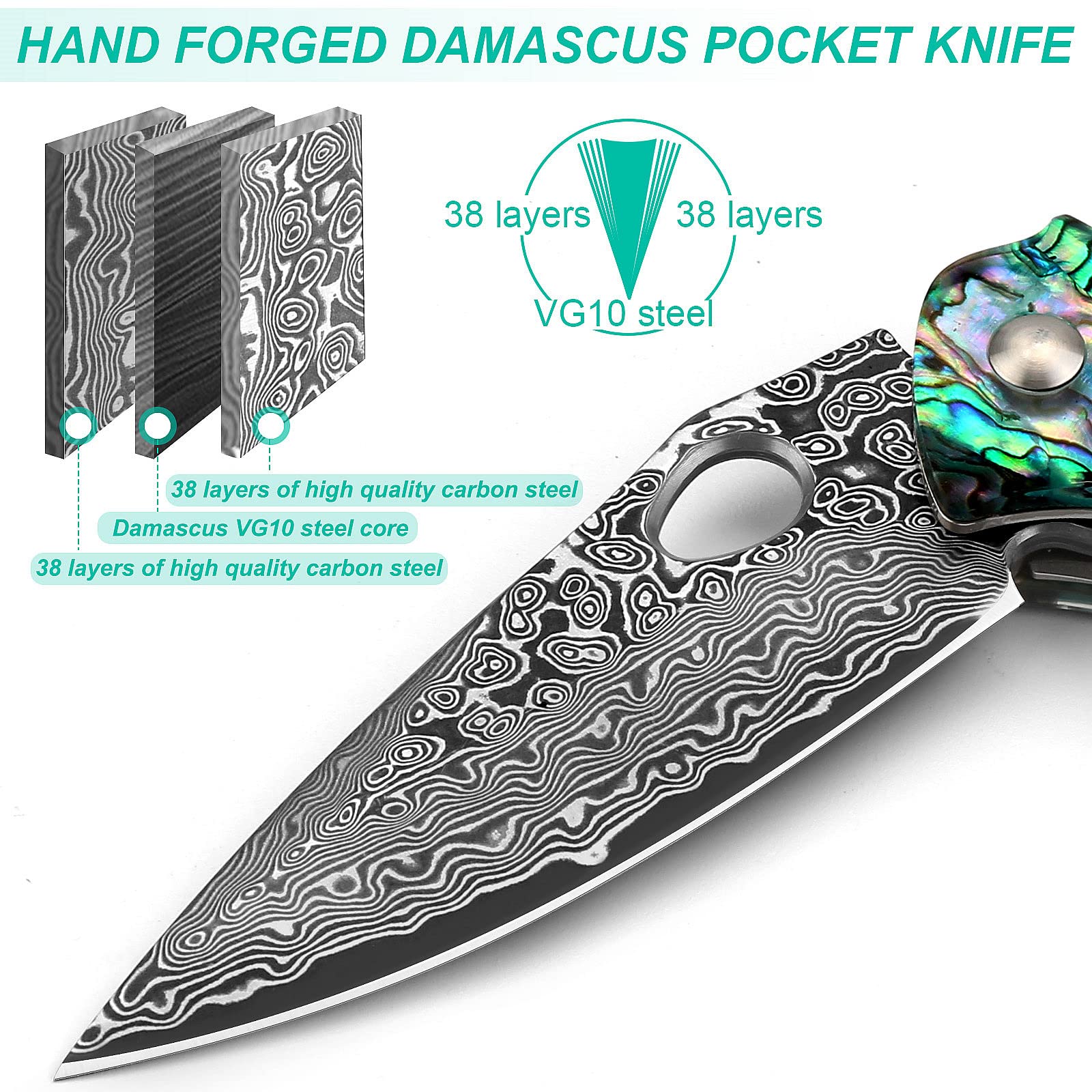 Benkey VG10 Damascus Natural Abalone Seashells Pocket Knife with Clip Leather Sheath and Fixed Blade Hunting Knife Bundles