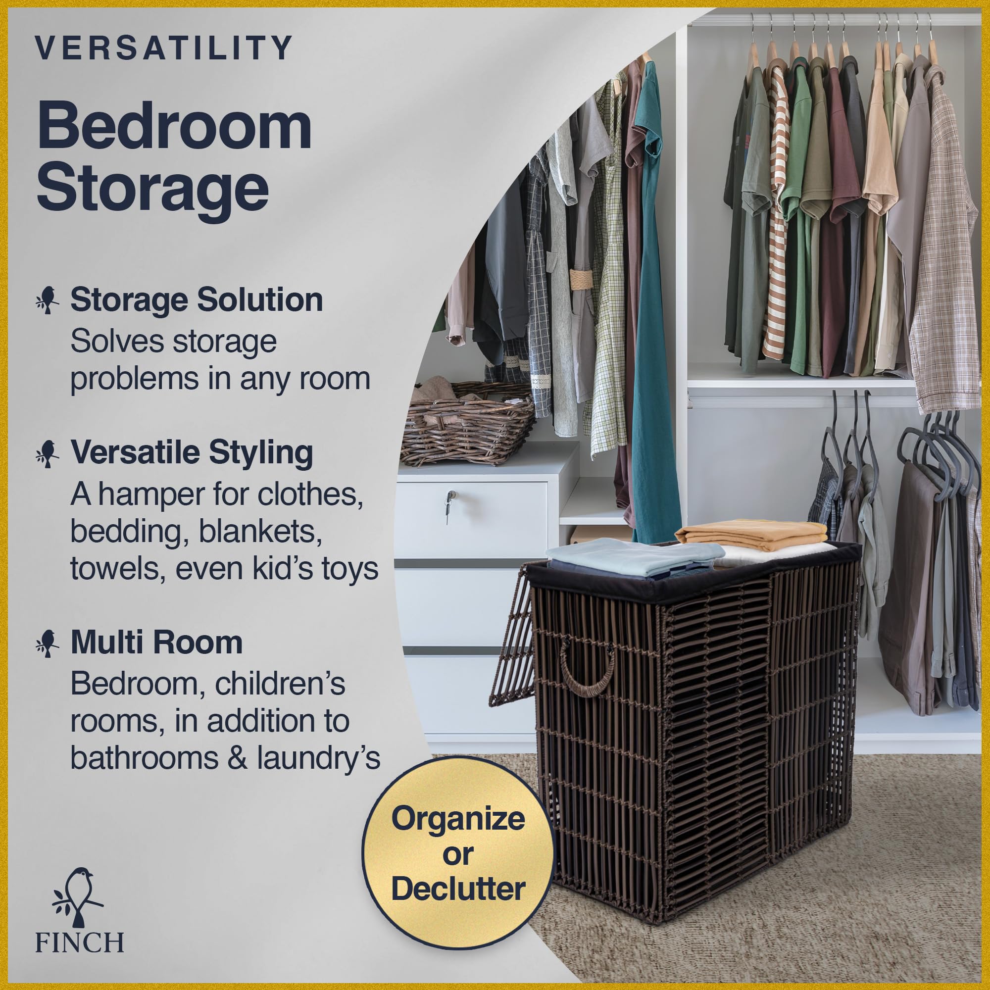 Finch Double Laundry Hamper with Lid & Handles, Foldable, 2 Divided Section (XXL) Clothes Hamper, Removable Washable Liner Bags, Steel Frame & Woven Poly Rattan, Sturdy Laundry Basket, Dark Brown