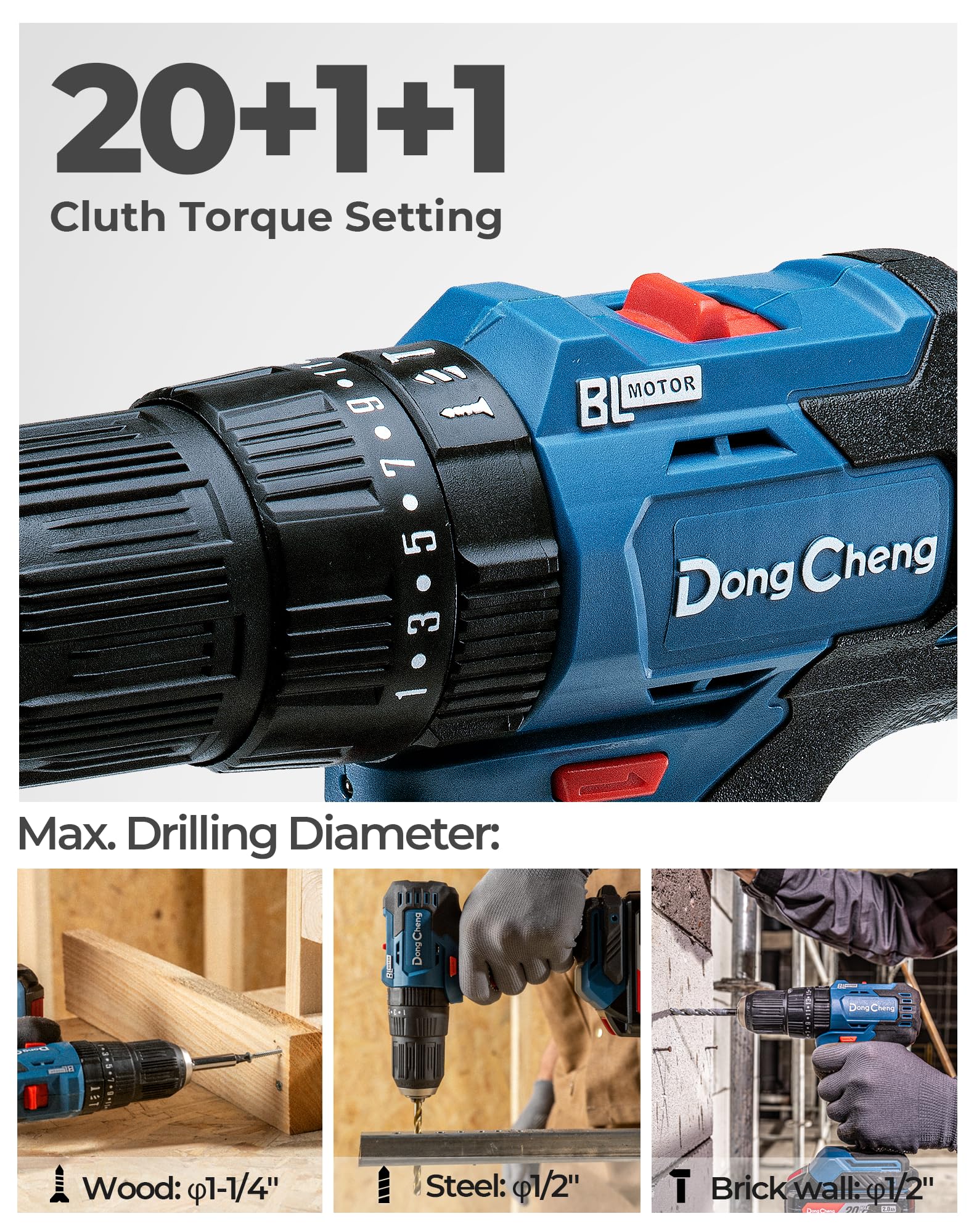 Dong Cheng 20V Brushless Heavy-duty Impact Drill, 435 in.lbs, 27000 BPM, 1/2" Keyless Metal Chuck, 20+1+1 Clutch, Cordless Hammer Drill with 2 Battery Kit for Drilling Brick Wall, Metal, Wood