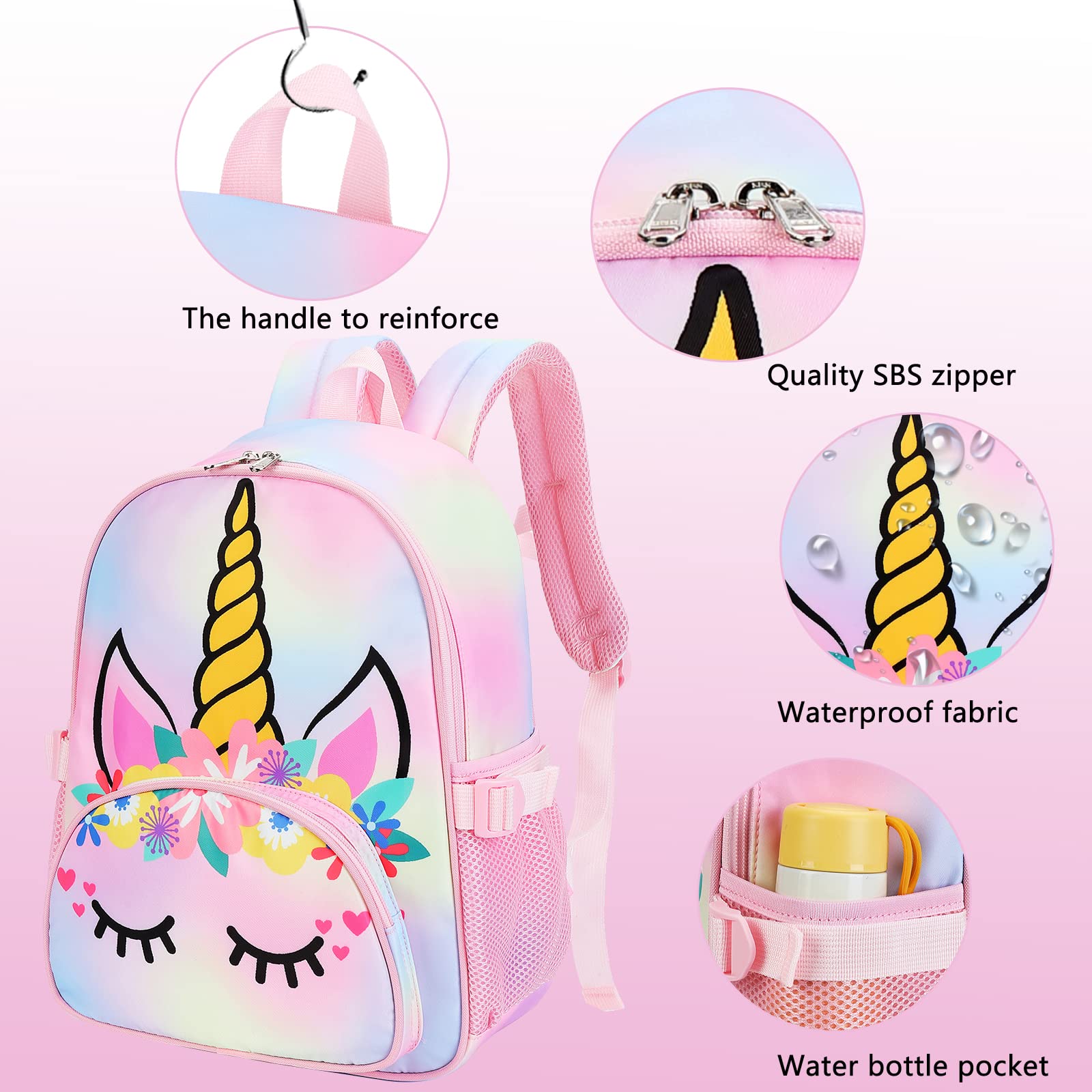 BTOOP Kids Backpack Girls School Backpack Preschool Kindergarten Unicorn Toddler BookBag with Chest Clip (Tie Dye headband)