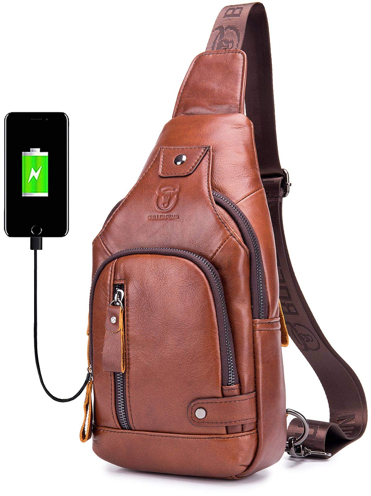 BULLCAPTAIN Leather Sling Bag Mens Chest Bag Casual Shoulder Crossbody Bags Travel Hiking Backpacks Daypack with USB Charging Port (Brown)