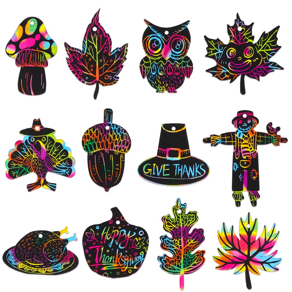 Hohomark Thanksgiving Scratch Off Cards - 24PCS Thanksgiving Crafts for Kids DIY Rainbow Scratch Paper for Thanksgiving Party Thanksgiving Arts and Crafts for Kids