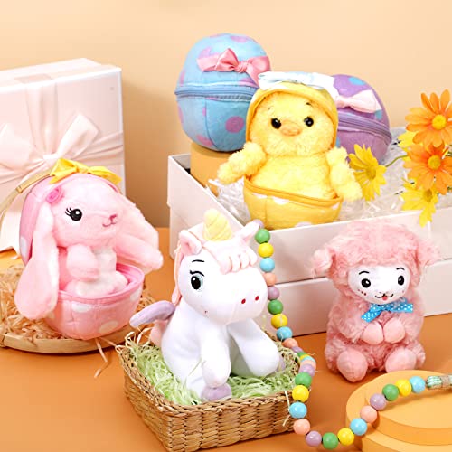 Skylety 4 Packs Easter Egg Stuffed Animals 6 Inch Easter Eggs Filled with Llama Unicorn Chick Rabbit Plush Inside for Easter Basket Stuffers Presents Exchange Party Favors Gifts