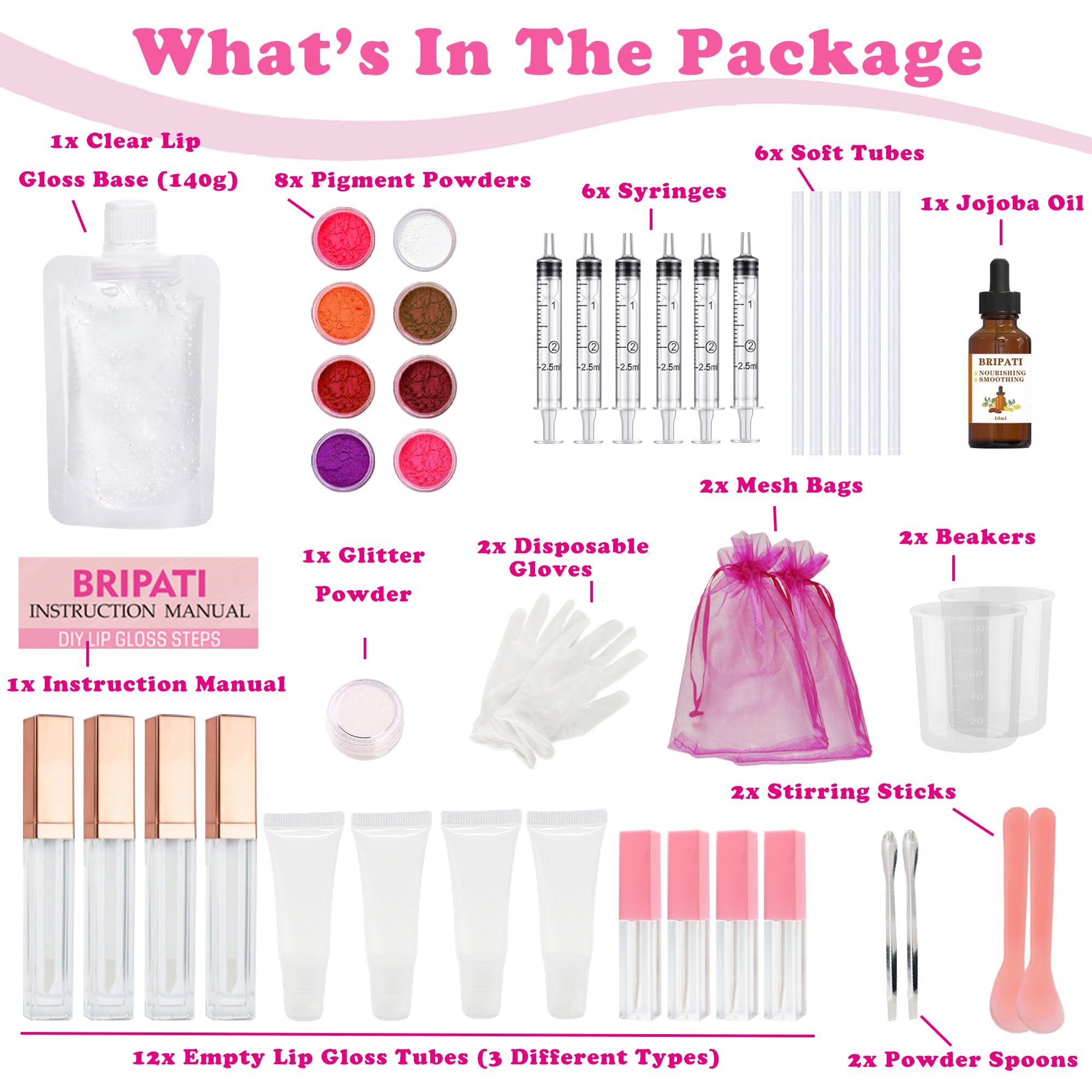 BRIPATI DIY Lip Gloss Making Kit, 46PCS DIY Lip Gloss Kit to Make Your Own Lip Gloss, Moisturizing Lip Glaze Handmade Set, Beginner Lip Gloss Kit, Lip Gloss Making Supplies Set for Women Girls