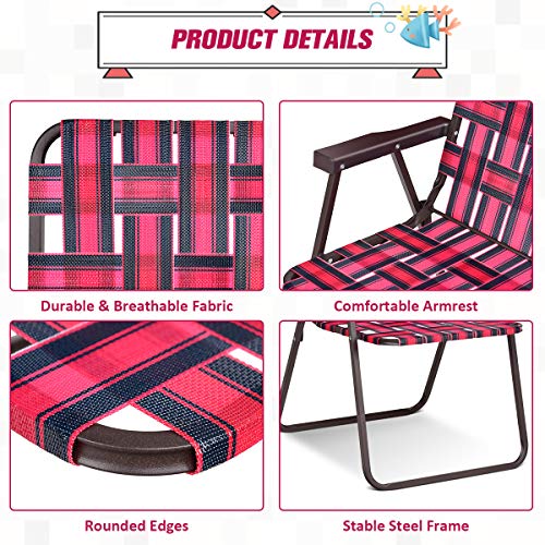 GYMAX Folding Chair, 6Pcs Patio Lawn Chair Set with Armrest, Indoor/Outdoor 6 Pack Webbed Lightweight Dinning Chair, Portable Beach Chair for Outside, Poolside, Backyard (Red)