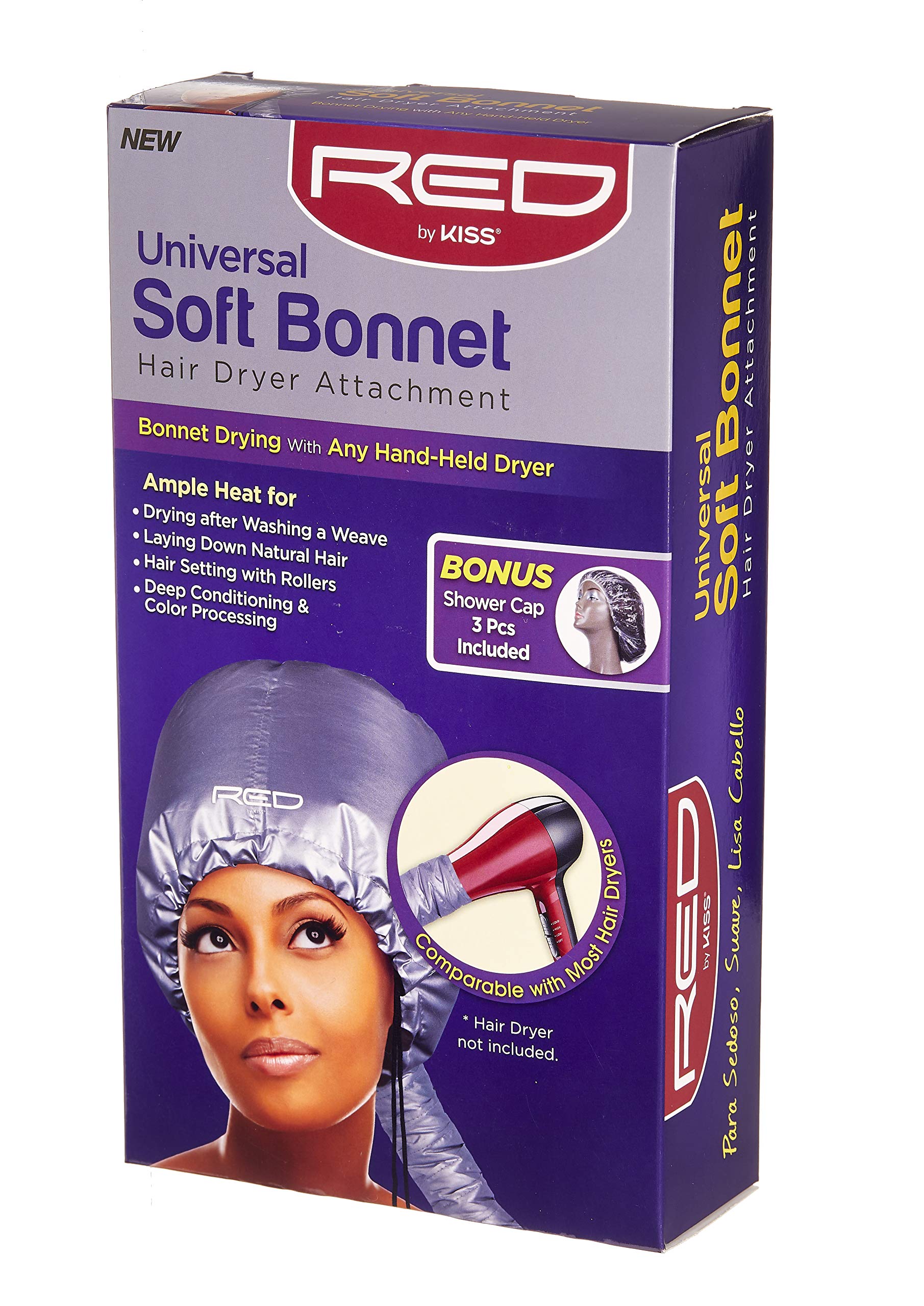 Red by KISS Universal Soft Bonnet Hair Dryer Attachment Works with ANY Hand Held Dryer Bonus 3pcs Shower Cap Included