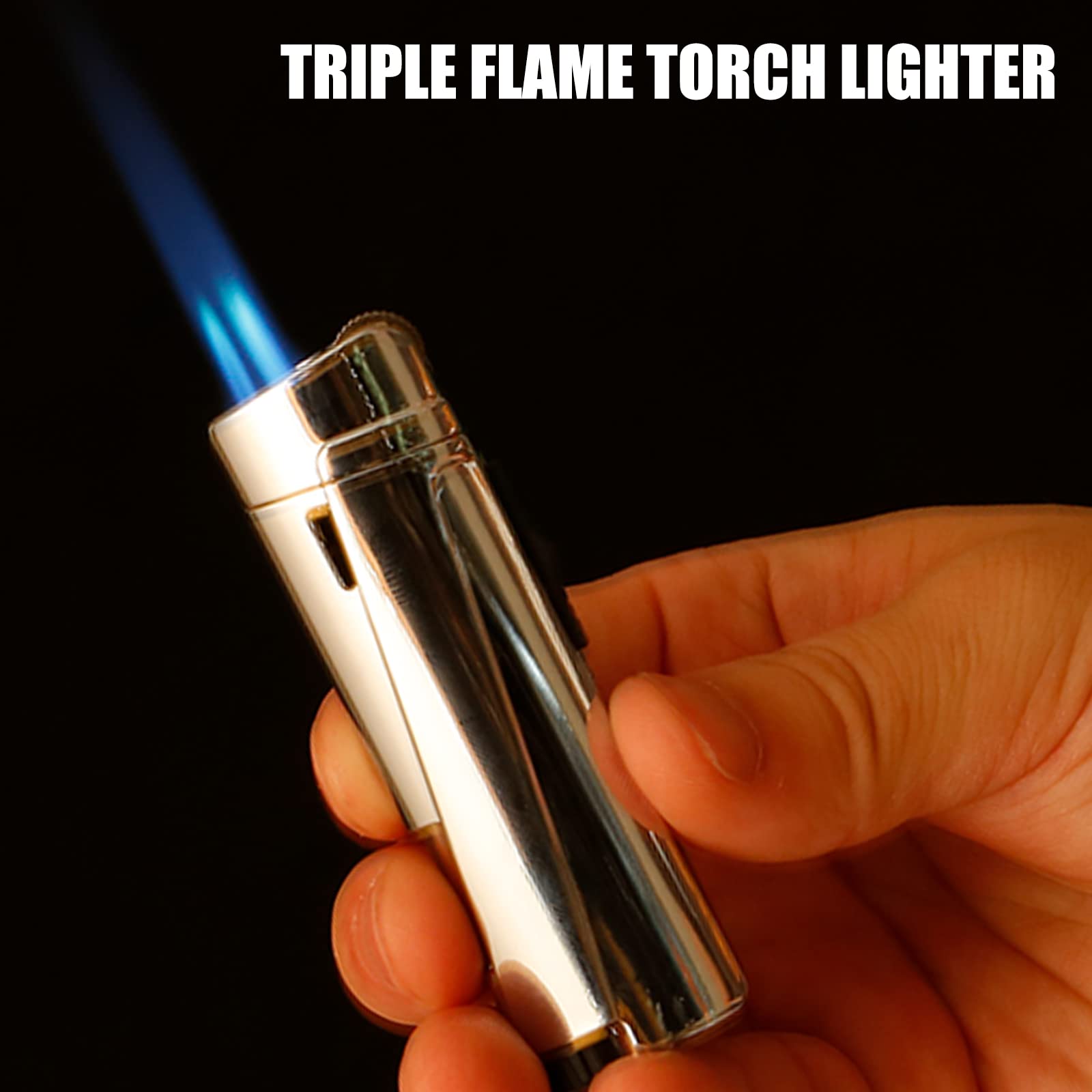 Bbsisgo Triple Jet Flame Flint Torch Lighter with 6 Flints and Replacement Tools, Refillable Windproof Butane Lighter with Large Fuel Tank, Silver(Sold Without Gas)