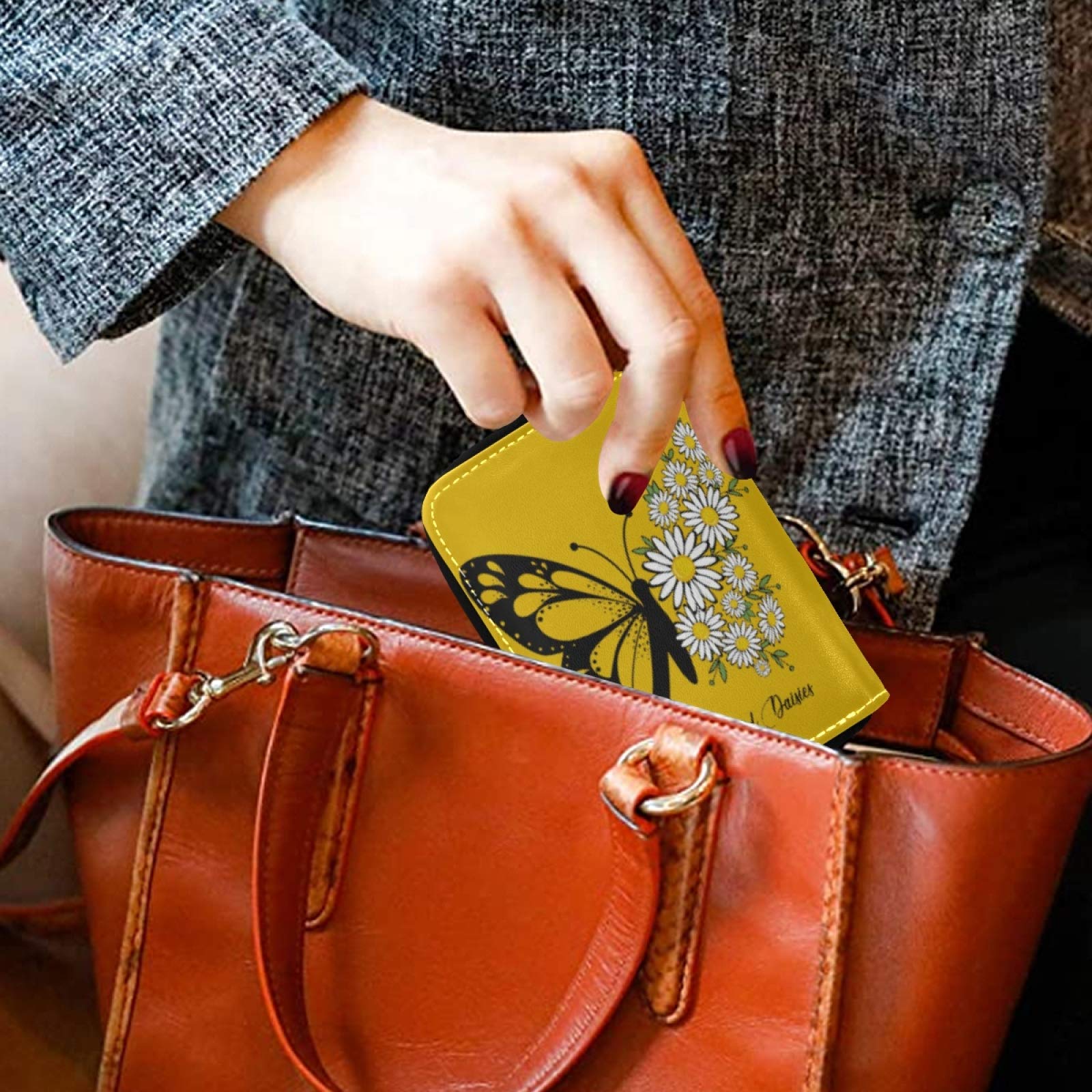 MOYYO RFID Credit Card Holder Case Beautiful Butterfly Daisy Flowers Leather Printed Zipper Card Case Wallet for Women Girls