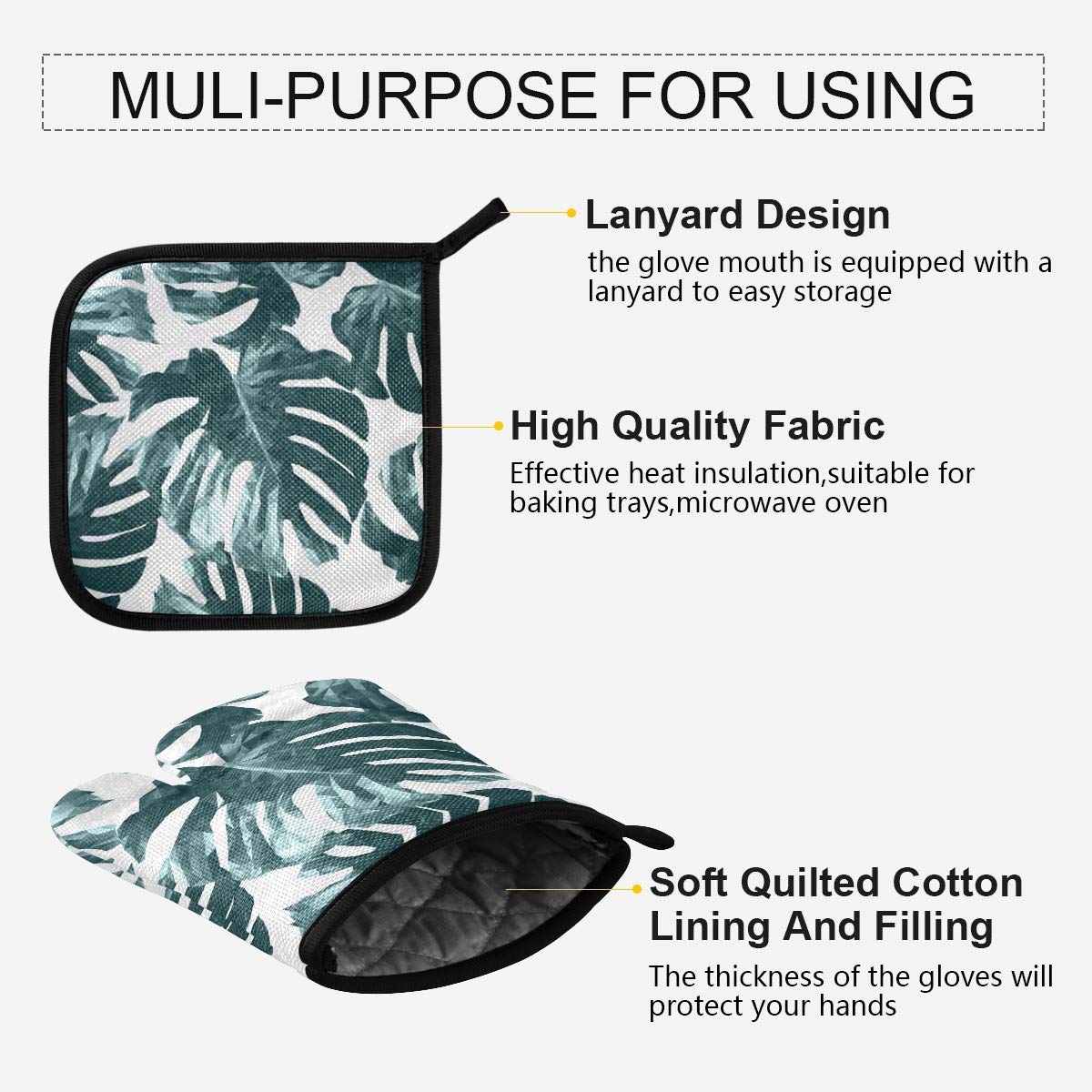BOOBERT Oven Mitts and Pot Holder Oven Gloves Cute Monstera Green Palm Leaves Non-Slip Hot Pads Insulation Gloves Heat Resistant Kitchen Set for Cooking Baking Grilling BBQ