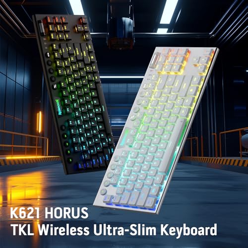 Redragon K621 Horus TKL Wireless RGB Mechanical Keyboard, 5.0 BT/2.4 Ghz/Wired Three Modes 80% Ultra-Thin Low Profile BT Keyboard w/Dedicated Media Control & Linear Red Switches, White