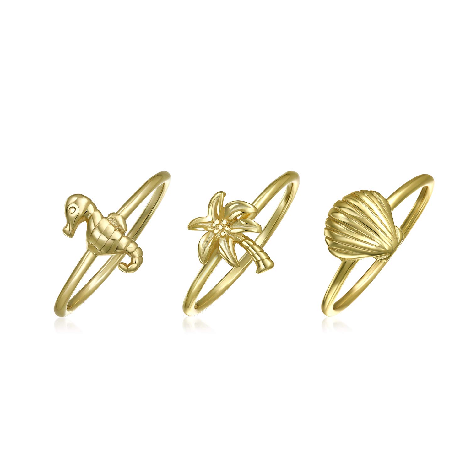 Bling Jewelry Tiny Nautical Shell Seahorse Palm Tree 14K Gold Plated Sterling Silver Midi Knuckle Stackable Ring Set For Women 1MM Band