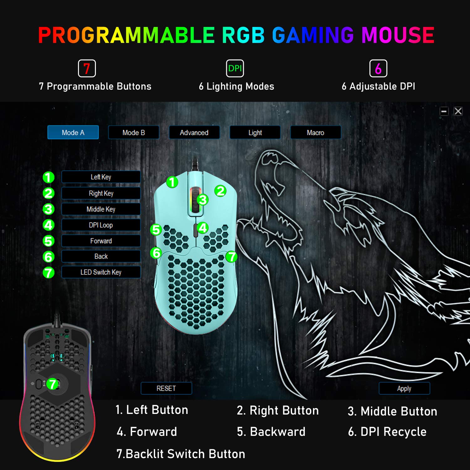 Mechanical Gaming Keyboard and Lightweight Honeycomb Mouse Combo with Rainbow RGB Backlit Full Anti-ghosting 61 Key Ergonomic Programmable Mice Wired USB for Laptop PC Gamer Typist(Blue/Blue Switch)
