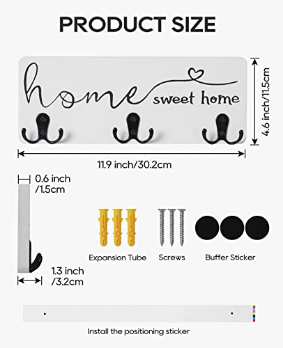 homenote Key Holder for Wall, Delicate Wall Mounted Key Rack with 3 Double Key Hooks, Home Sweet Home Decor Wooden Key Hanger for Entryway, Hallway, Kitchen, Bedroom, Bathroom, Office (White)
