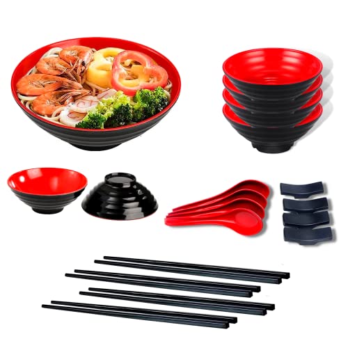 ROHGAN, Set of 4 (20 Pcs) Ramen Bowls with chopsticks - 32 OZ with Melamine Bowls & Spoons Complete Dinnerware Set with Chopsticks & Holders- Japanese style Naruto Ramen Bowl and Asian Soup Spoons