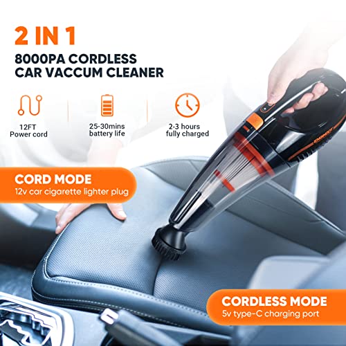 ENGINDOT Car Vacuum Cleaner, 8Kpa High Power Handheld Vacuum, 30 Mins Runtime 12V Cordless Car Vacuum, 2-Way Powered, Accessories Kit for Car Interior and Home Cleaning