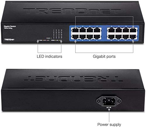 TRENDnet 16-Port Unmanaged Gigabit GREENnet Desktop Metal Switch, Ethernet Splitter, Fanless,16 x RJ-45 Ports, 32 Gbps Forwarding Capacity, TEG-S16DG
