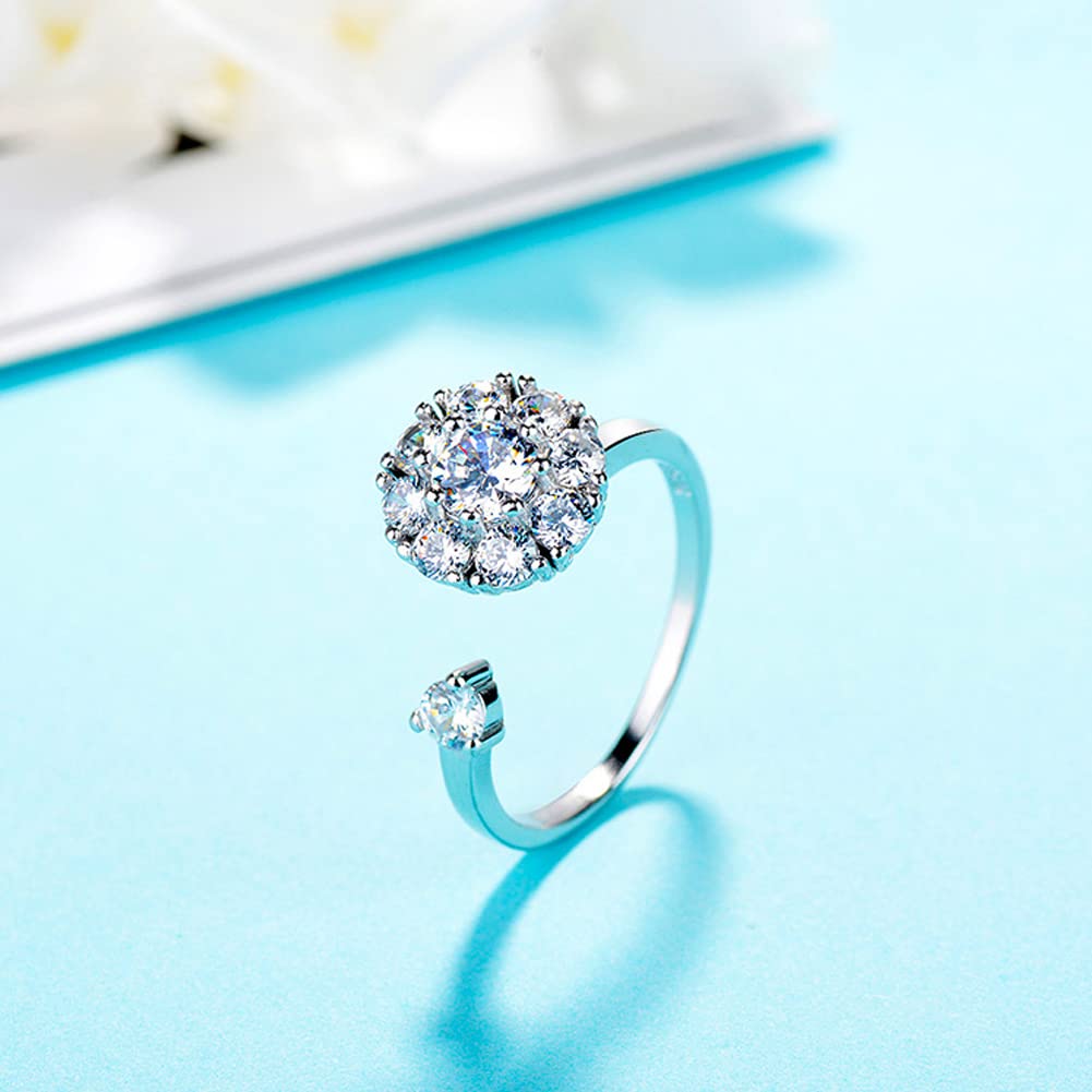 Bling Toman Womens Anxiety Ring 925 Sterling Silver Fidget Ring With Cubic Zircon Adjustable Stress Spinner Anxiety Ring for Women(Silver Band Ring)