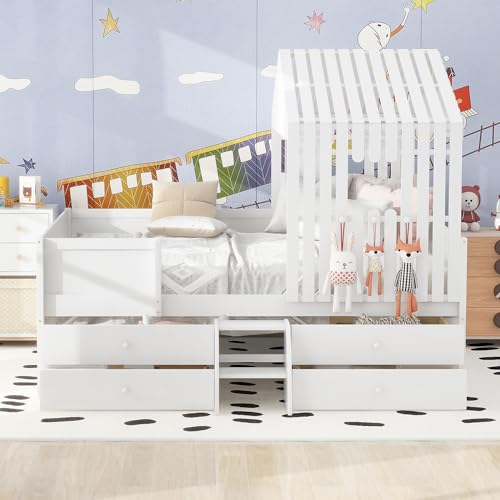 DRELOFT Full Size Low Loft Bed, Wooden House Shaped Loft Bed Frame with 4 Storage Drawers for Kids Teens Boys Girls, Easy Assembly, No Box Spring Needed, White