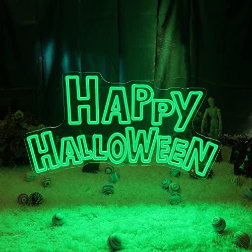 Halloween Decorations Outdoor Indoor, Happy Halloween Lights Halloween Neon Signs, 26X14 Inches Large Dimmable Neon Signs, Halloween Yard Decor, Halloween Decorations for Home (Green Happy Halloween)