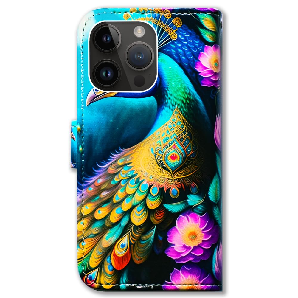 Bcov iPhone 15 Pro Case,Colorful Peacock Mandala Flowers Leather Flip Phone Case Wallet Cover with Card Slot Holder Kickstand for iPhone 15 Pro