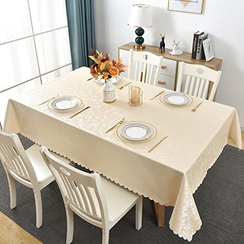 Romanstile Rectangle Vinyl Tablecloth,100% Waterproof Heavy Duty Oil Spill Proof Stain Resistant Plastic PU Table Cover with Flannel Backing for Kitchen/Dining/Parties(Rose Beige, 60 x 84