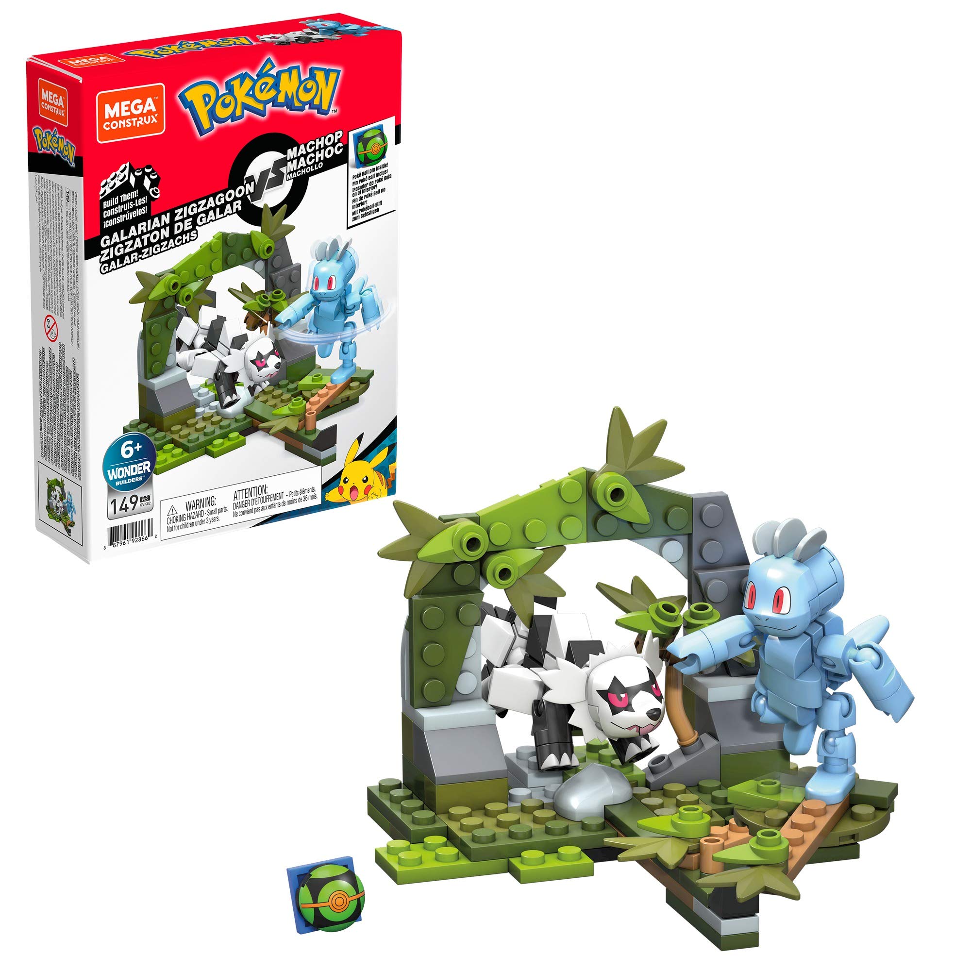 Mega Construx Pokemon Machop Vs. Galarian Zigzagoon Construction Set, Building Toys for Kids (GVK82) , Red, 6 years and up