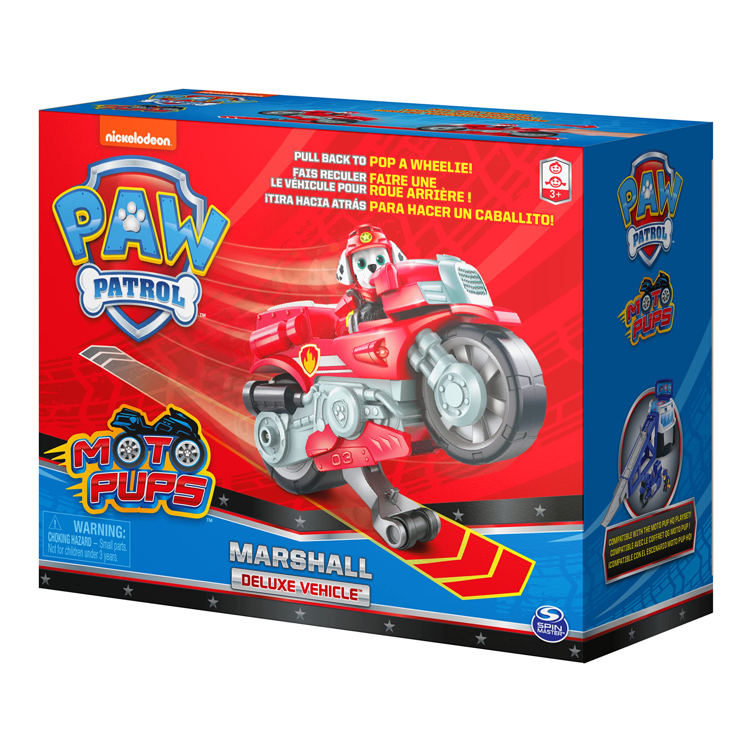 Paw Patrol, Moto Pups Marshall’s Deluxe Pull Back Motorcycle Vehicle with Wheelie Feature and Toy Figure