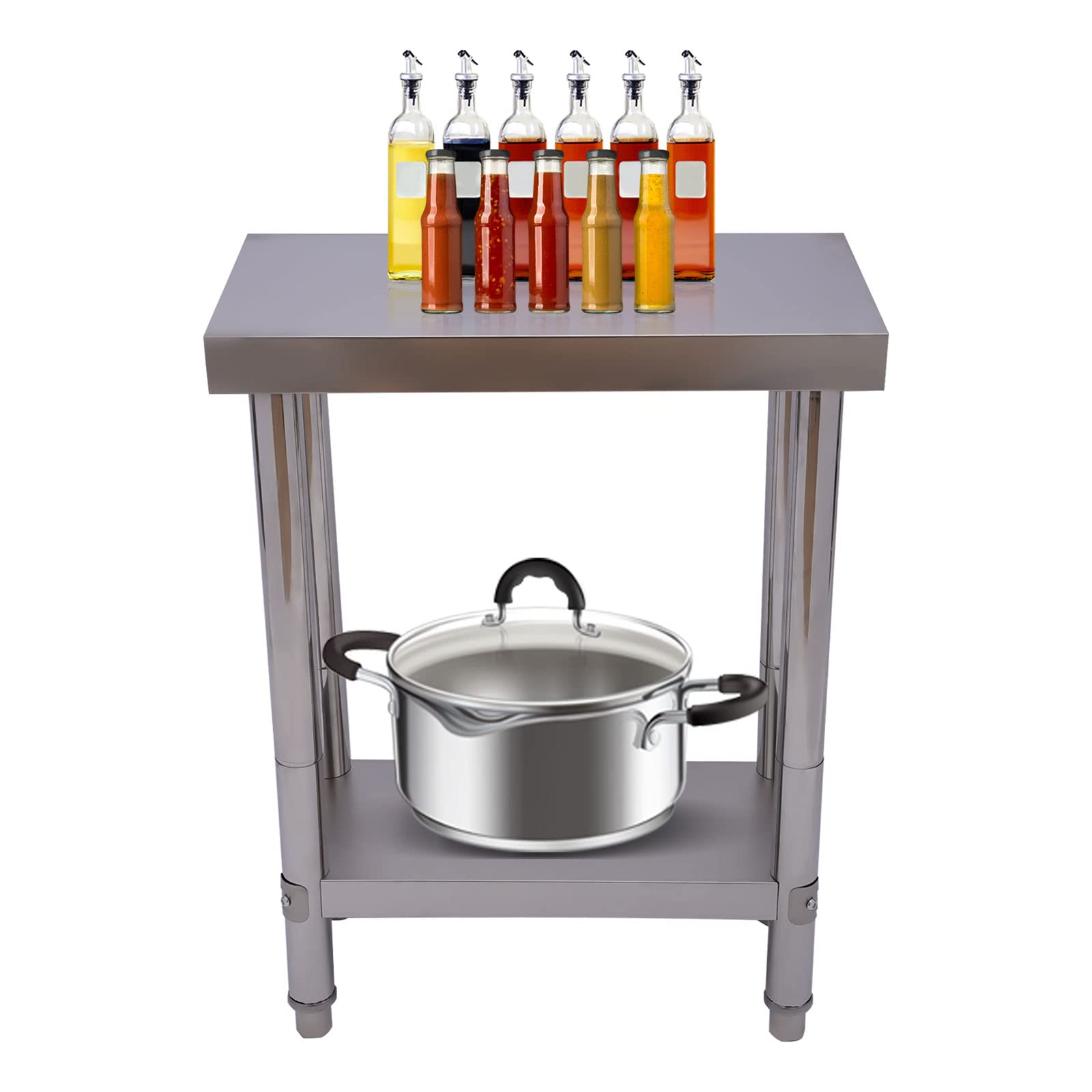 TouSuaRSi 2 Layers Stainless Steel Table Work Table Adjustable Kitchen Prep Table Commercial Heavy Duty Food Prep Durable Stainless Table for Home Hotel Silver 24x12x35in