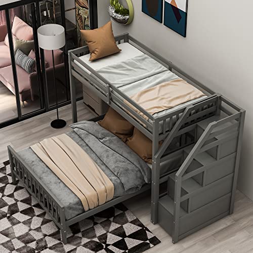DEYOBED Twin Over Full Wooden Bunk Bed and Convertible Loft Bed with Storage Staircases - Ideal for Kids and Teens, Maximizing Space and Comfort