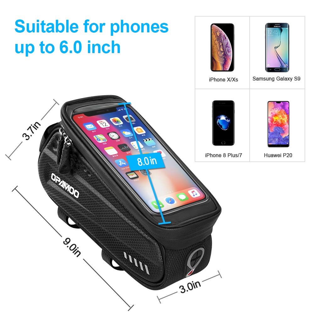 Bike Phone Front Frame Bag - Waterproof Bicycle Top Tube Cycling Phone Mount Pack with Touch Screen Sun Visor Large Capacity Phone Case for Cellphone Below 6.5โโ iPhone 7 8 Plus xs max
