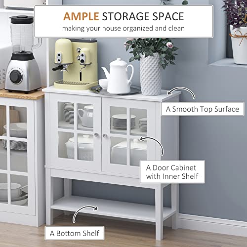 HOMCOM Coffee Bar Cabinet, Modern Sideboard Buffet Cabinet, Kitchen Cabinet with 2 Glass Doors, Adjustable Inner Shelving and Bottom Shelf, White