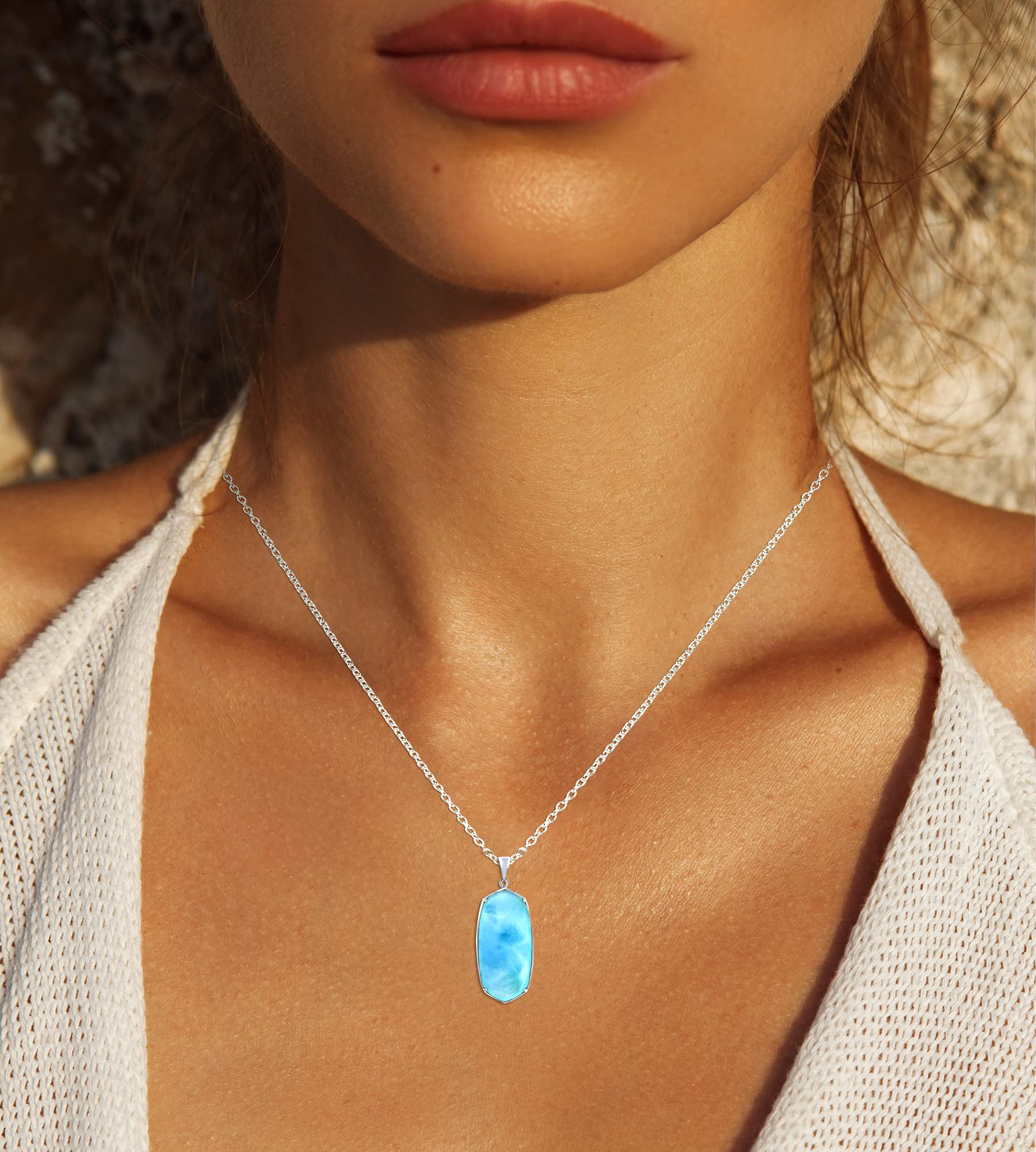 Beaux Bijoux Large Long Hexagon-Shaped Caribbean Natural Larimar Gemstone Sterling Silver Pendant 18’’ Necklace Jewelry for Women or Teens