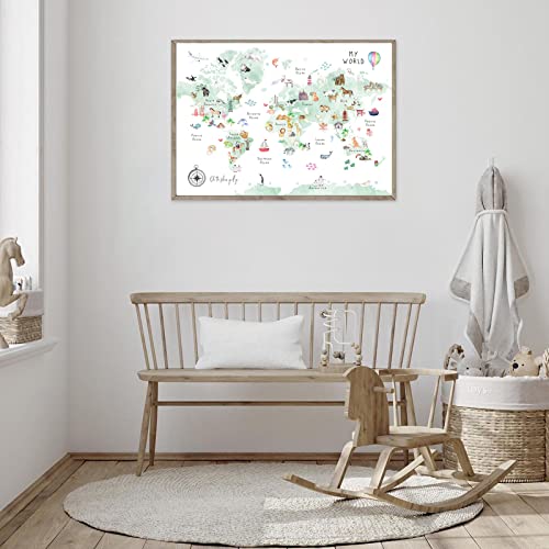 Joocrise Green Kids World Map Wall Art Animal Map Canvas Wall Art Educational Wall Art Nursery Wall Decor World Map Poster Childrens Room Decor Playroom Prints 16x24 Inch Unframed