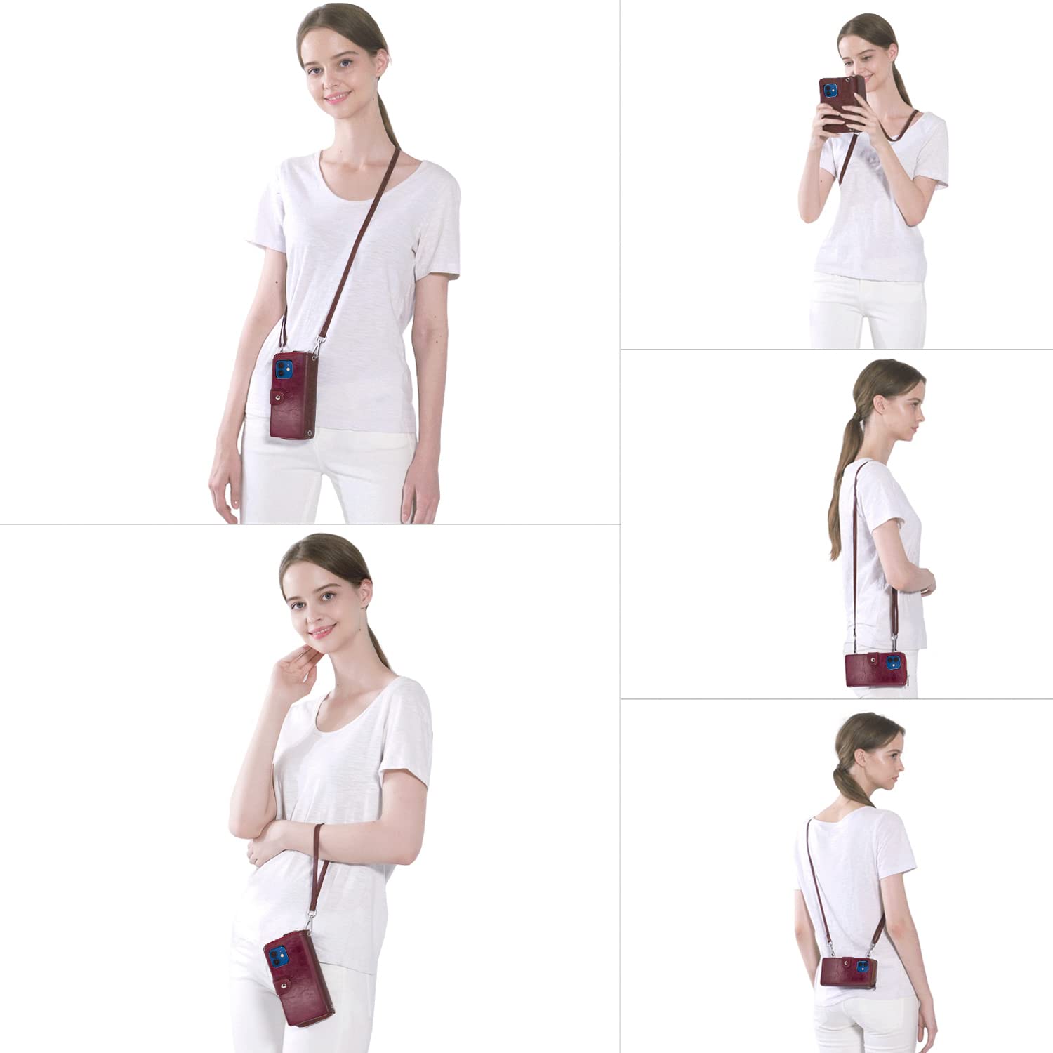 MODOS LOGICOS Crossbody Bag for iPhone 13 6.1", [Shoulder Wrist Straps] [Zipper Storage] [11 RFID Card Slots 3 ID Window] PU Leather Purse with Removable Inner Magnetic TPU Case - Wine Red