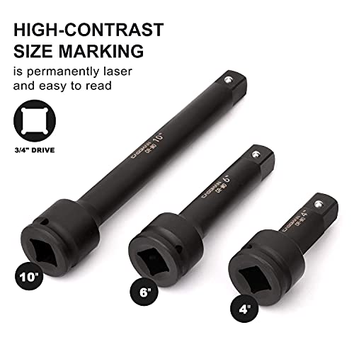 CASOMAN 3/4” Drive Impact Extension Bar, Cr-Mo Steel,3-Piece Set 4”, 6”, 10” ext. bar