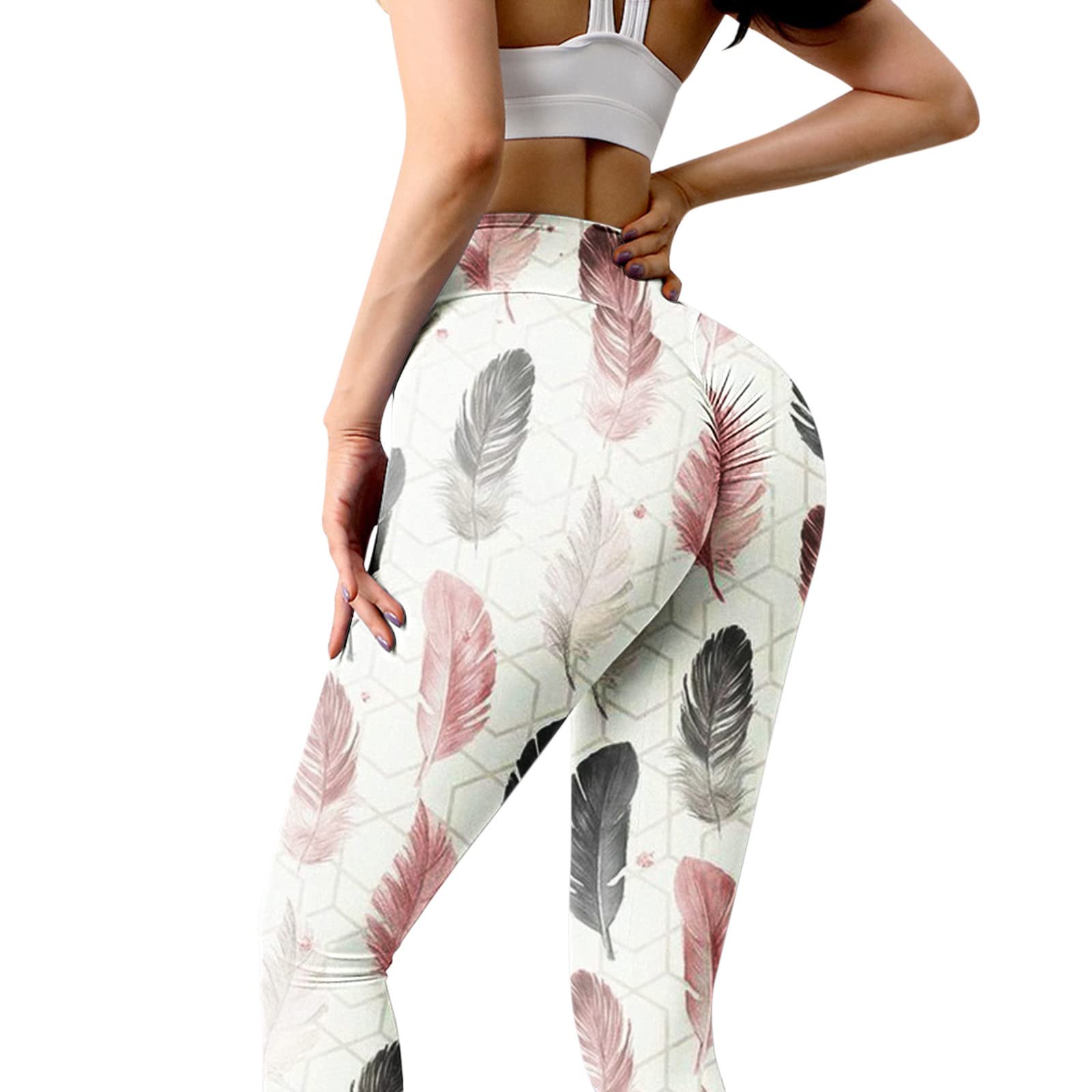 Butt Lifting Workout Leggings for Women High Waisted Ultra Soft Tummy Control Booty Tight Stretchy and Soft Opaque Slimming Feathers Printed Pants for Running Cycling Yoga White