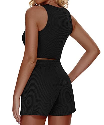 Funlingo Women's 2023 Waffle Knit Sleeveless Crop Top and Shorts Lounge Pajama Matching Sets Sweatsuits Tracksuits 2 Piece Summer Outfits Black M