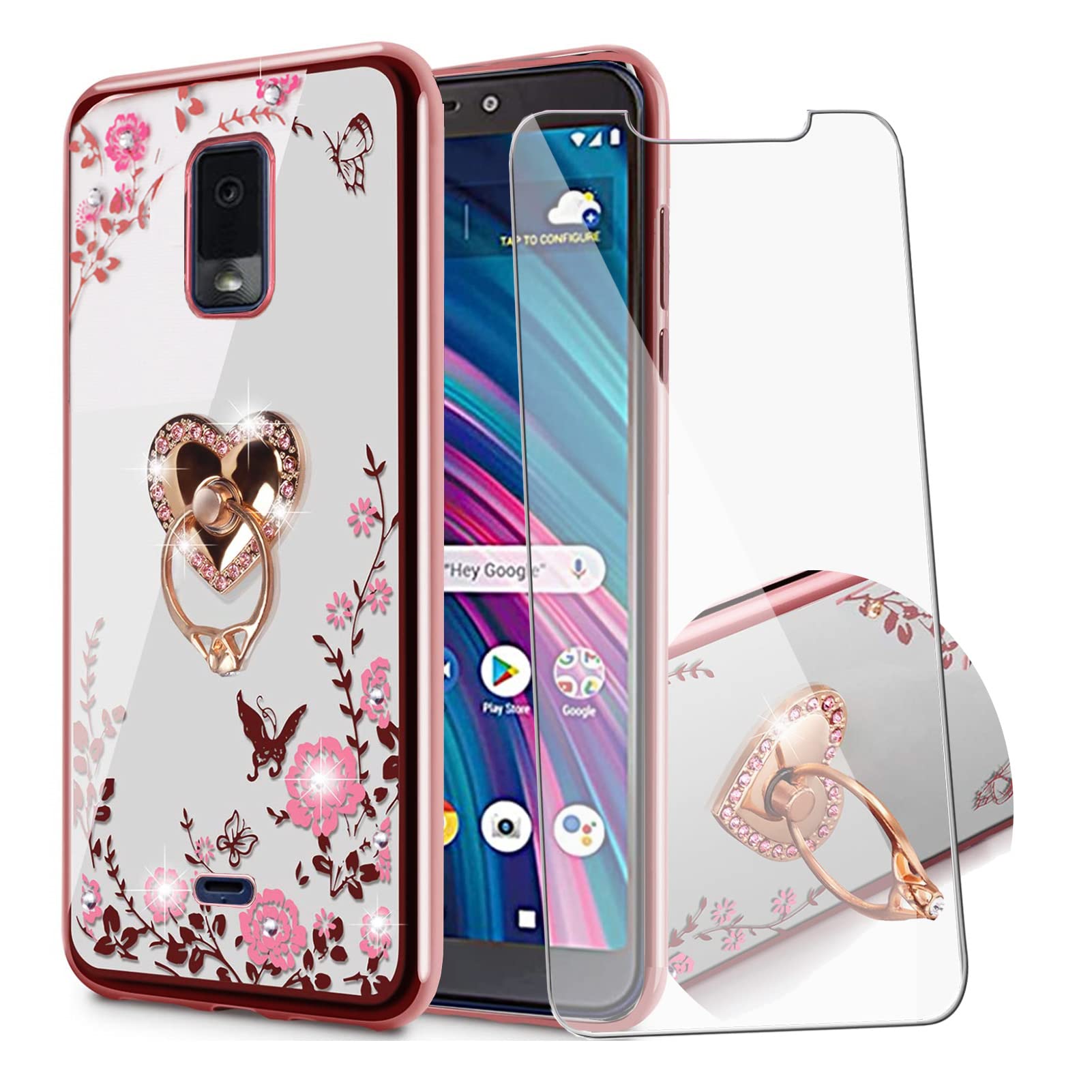 BTShare for Blu View 3/B140DL Case with Tempered Glass Screen Protector, Bling Crystal Clear Soft Transparent TPU Slim Fit Kickstand Case Cover for Girls & Ring Grip, Love