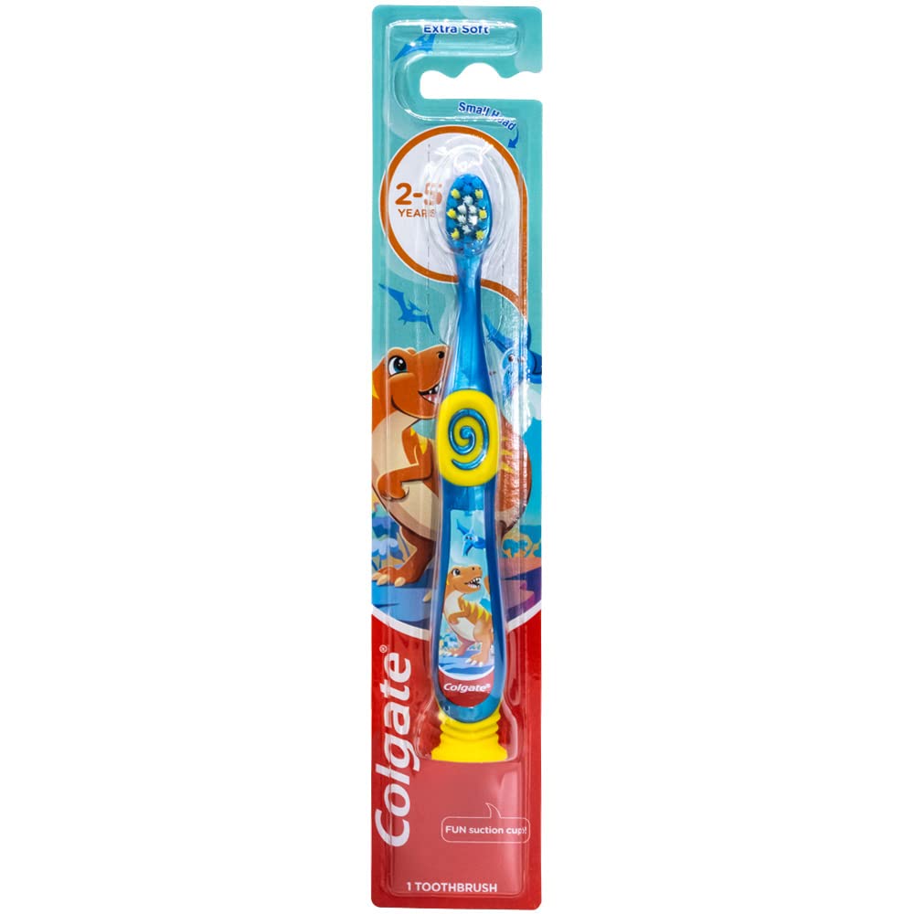 Colgate Dinosaur Toothbrush for Children with Suction Cup, Kids 2-5 Years Old, Extra Soft - 2 Coun & Kids Cavity Protection Fluoride Toothpaste, Bubble Fruit Flavor, 0.85oz - Pack 2