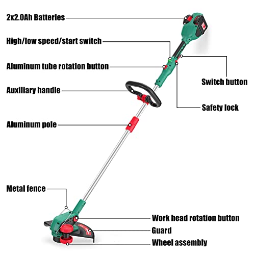 HYPERECHO Battery Weed Wacker, 40V 14 inch Cordless Brushless String Trimmer, Auto-Feed Lines Weed Eater with Adjustable Handle and Height, 2 * 2.0Ah Battery & Fast Charger Included