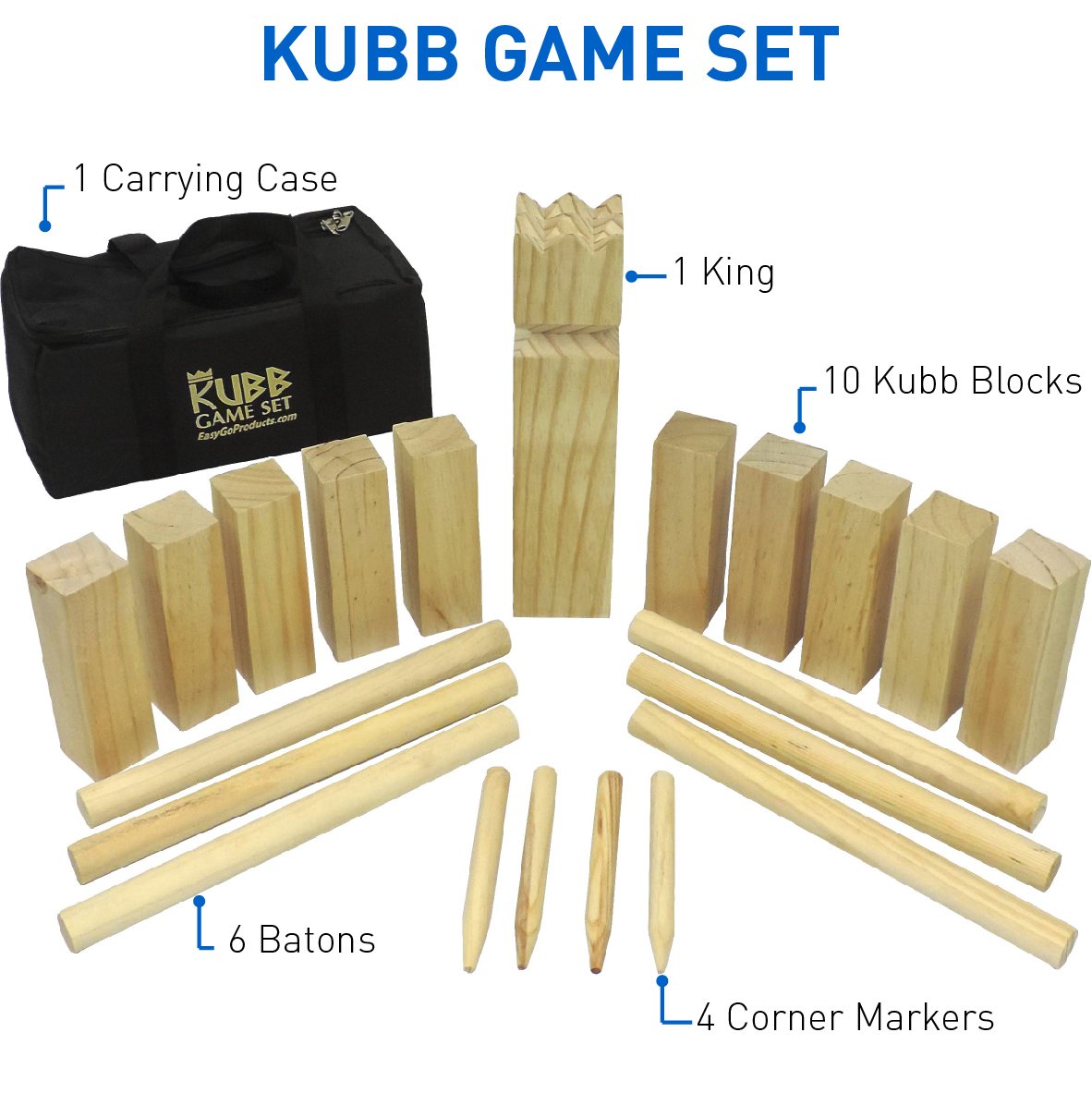 Kubb The Viking Wooden Outdoor Lawn Game 1 King, 10 Kubb Blocks, 6 Long Batons, 4 Corner Markers & Carrying Bag