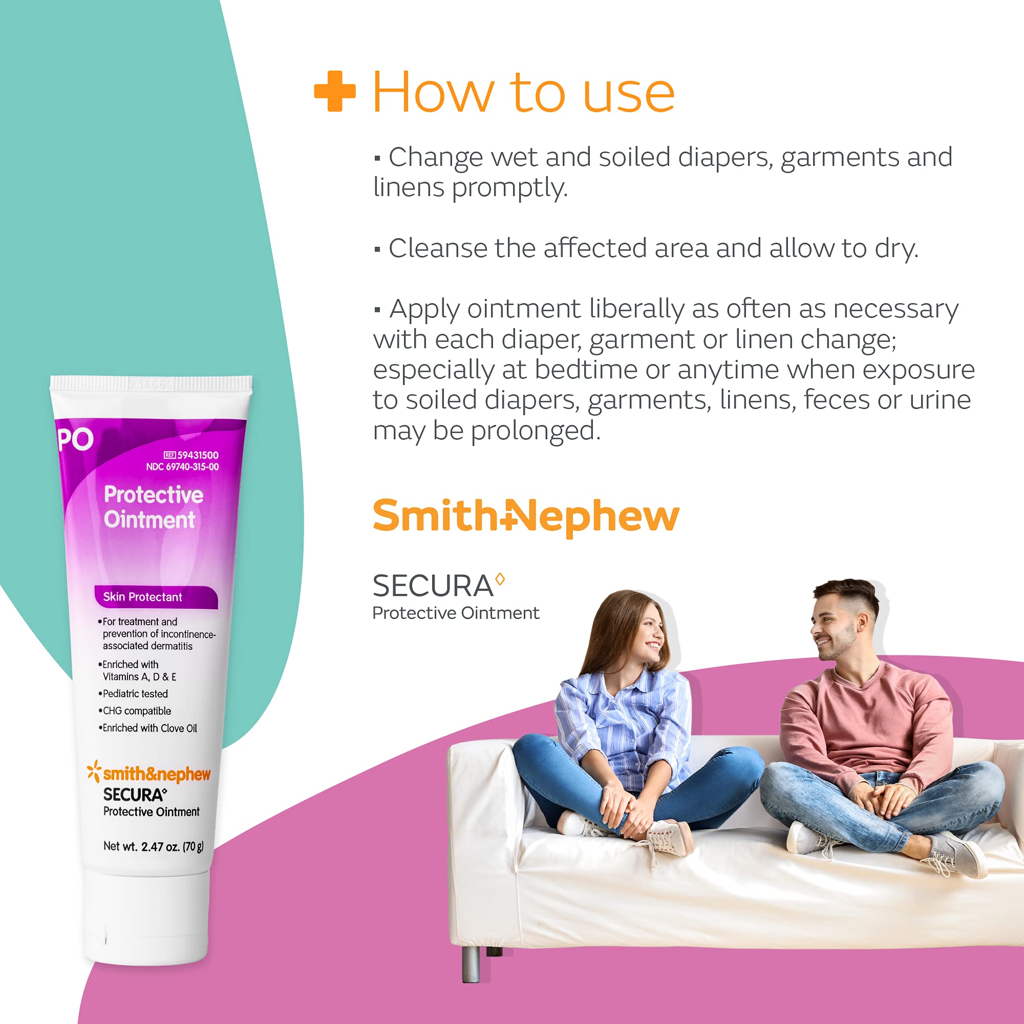 Smith+Nephew SECURA◊ Protective Ointment, Diaper Rash Ointment Tube, Dermatitis Moisturizer, Contains Vitamin A, D, and E, 2.47 Ounces